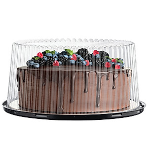 10 - 11" Plastic Disposable Cake Containers Carriers With Dome Lids And Cake Boards [5 Pack] And Cake Server | Round Bundt Cake Boxes / Cover | 2-3 Layer Cake Holder Display Containers For Transport