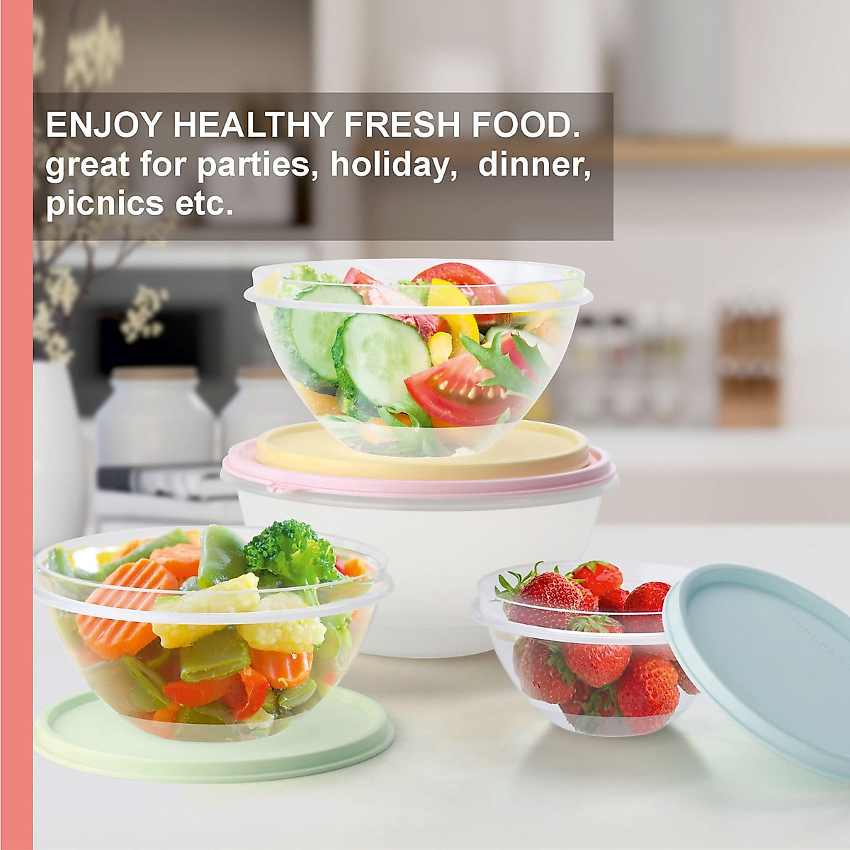 Food Storage Containers with Lids Set of 4 - 60oz, 40oz, 27oz, 13oz Meal Prep Containers Reusable Plastic – Food Safe Round Nesting Bowls with Airtight Leakproof Lids – Freezer and Dishwasher Safe