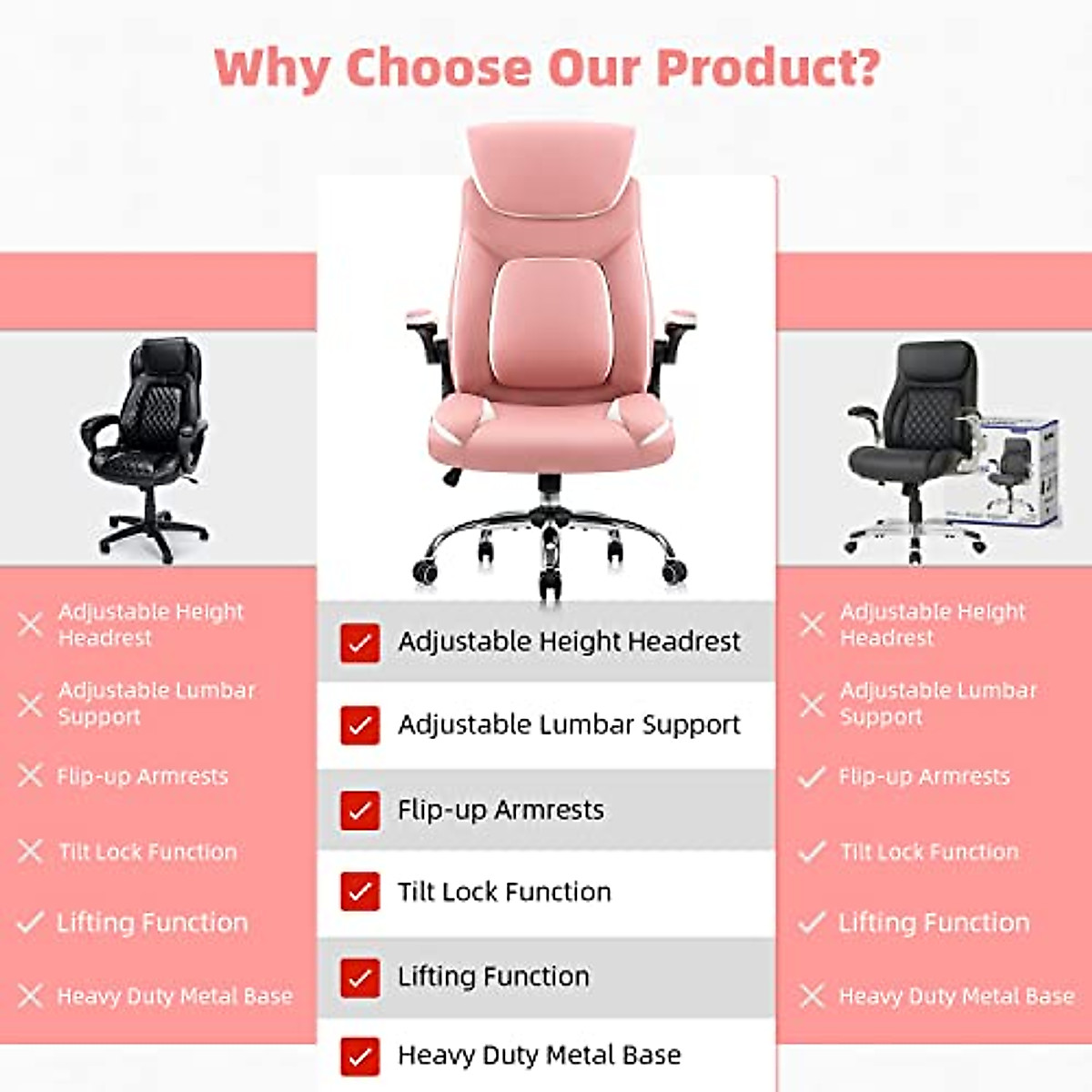 YAMASORO Ergonomic Home Executive Office Chair with Flip-up Armrests and Lumbar Support, High Back Desk Chair Computer Gaming 360 Swivel Adjustable PU Leather for Adults and Teens, Pink