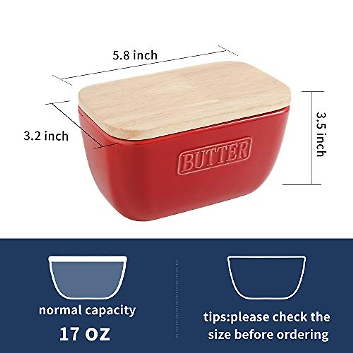 KOOV Porcelain Butter Dish with Lid for Countertop, Airtight Butter Container with Oak Lid, Butter Dishes with Covers, Butter Crock Boat-shaped Series (Red)