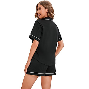 LUBOT 100% Cotton Women's Pajamas Set Short Sleeve Button-Down Shirt PJ Two-piece Shorts Set Summer Night Suit Sleepwear Loungewear (Black, M)