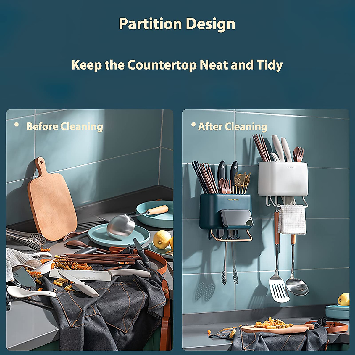 Aiabaleaft Kitchen Utensil Holder Multifunctional Storage Box, Plastic Cutlery Storage Organizer with Drain Functio, Cooking Utensil Organizer for Knives/forks/spoons(Dark Green)