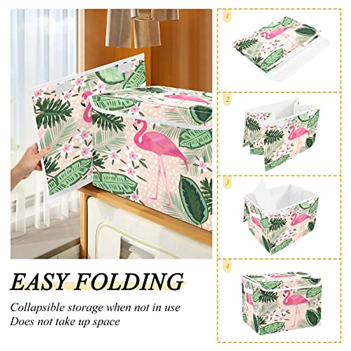 Kigai Tropical Pink Flamingo Storage Bins with Lids and Handles 17x13x12 In Foldable Fabric Storage Basket Toys Clothes Organizer for Shelves Closet Home Bedroom Office