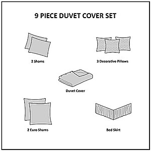 Madison Park Lucy 100% Cotton Reversible Duvet Set Beautiful Floral Pattern, Ruffle Border Design All Season, Breathable Comforter Cover Bedding, Matching Shams, Queen(90"x90"), Red 9 Piece