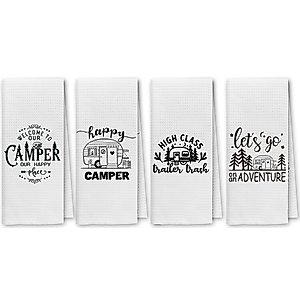 Dibor Happy Camper Funny Camping Kitchen Towels Dish Towels Dishcloth Set of 4,Campsite Cabin RV Decorative Absorbent Drying Cloth Hand Towels Tea Towels for Bathroom Kitchen,Campers Gifts