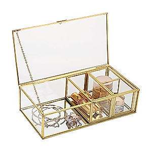 Hipiwe Mirrored Glass Keepsake Box with Two Detachable Internal Glass Organizer - Gold Lidded Box Jewelry Trinket Storage Box Perfume Makeup Lipstick Holder