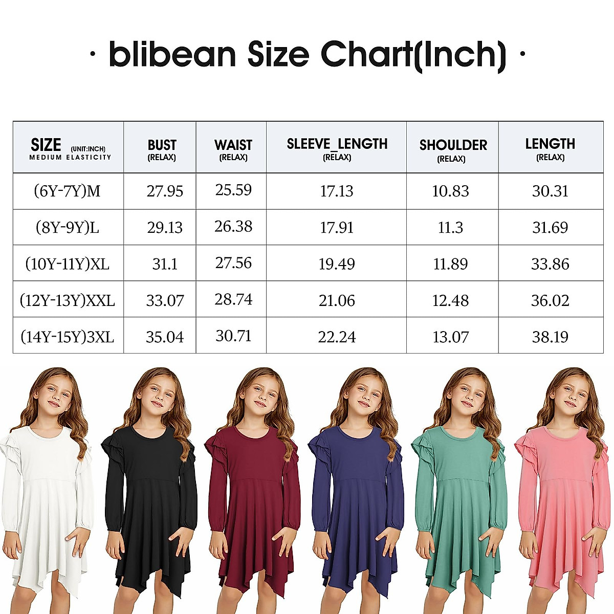 blibean Girls Long Sleeve Dress Tween Fall Boho Puff Dresses Cute Tiered Elastic Cuff High Low Ruffle Outfit Swing Clothes Midi Kid Clothing Size 8-9 Years Old Solid Black