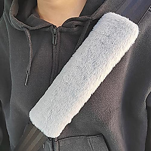 2PCS Fluffy Seat Belt Cushion - Extra Soft Rabbit Faux Fur for Seatbelt Covers - Great for Cold Weather,Car Seat Strap and Backpacks Comfort (Grey)