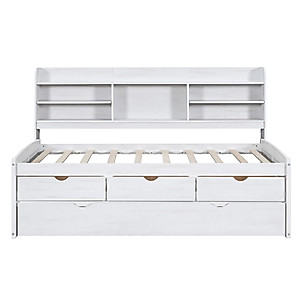 VilroCaz Twin Size Wooden Captain Bed with Built-in Bookshelves, Versatility Daybed Sofa Bed with 3 Storage Drawers and Trundle for Living Room Bedroom Office, Sturdy Slats Support, Maximized Space