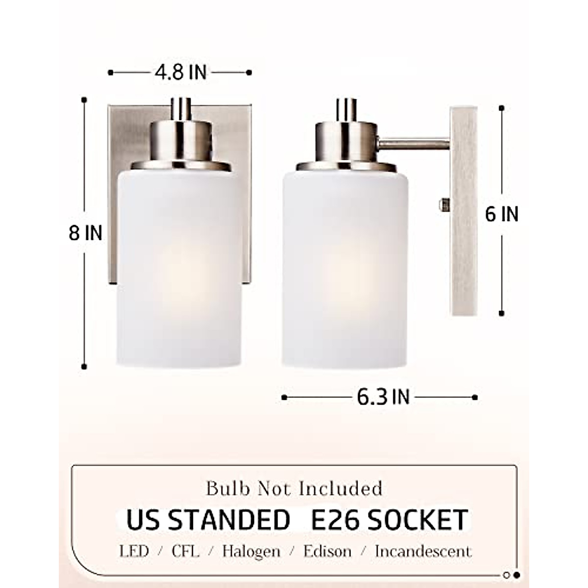 2-Pack Modern Bath Vanity Light Fixture 1-Light, Indoor Bathroom Wall Sconces for Living Room, Porch, Bedside, Brushed Nickel Finish with White Frosted Glass Shades Wall Mounted Lights