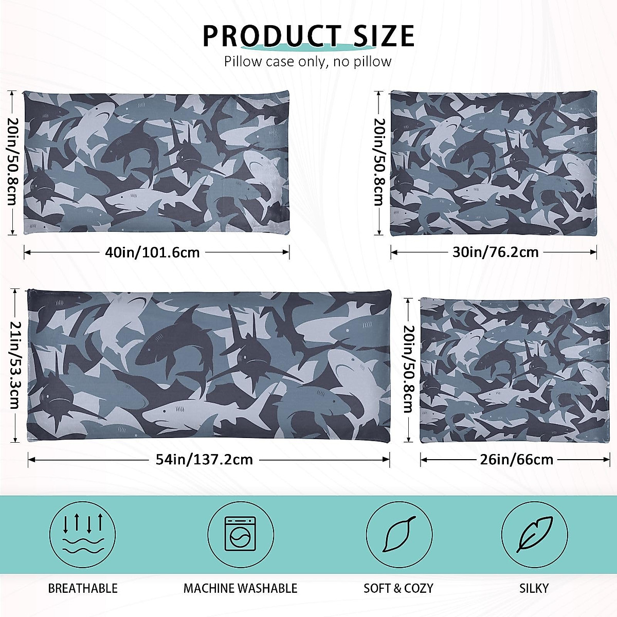 Sharks Camo Pillowcase for Hair and Skin Body Pillow Cover Body Pillow Cases King Size 20"X 40" Decorative Pillows Cases with Zipper for Women Men