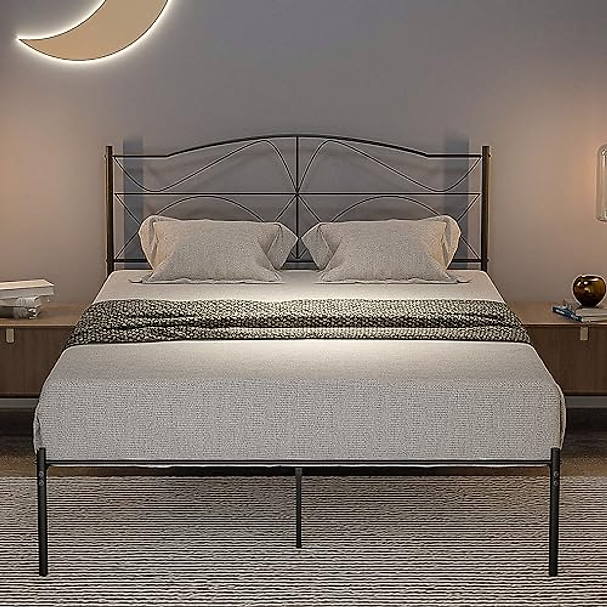 VECELO Queen Size Bed Frame, Metal Bed Platform with Headboard, Sturdy Steel Slats Support, No Box Spring Needed/Noise-Free,Easy Assembly, Black