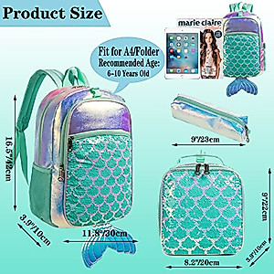 Meetbelify Rolling Backpack for Girls Mermaid Luggage Magic Sequin Suitcase Wheels Trolley Trip Laptop Backpack with Lunch Box for Teen Girls Students