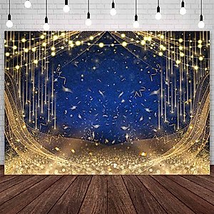 AIBIIN 7x5ft Royal Blue and Gold Party Photo Backdrop Gold Dripping Glitter Bridal Shower Photography Background Wedding Birthday Bachelorette Graduation Prom Party Decorations Banner
