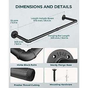 OROPY Industrial Pipe Clothes Rack Wall Mounted Set of 2, 38.4 inches Heavy Duty Iron Pipe Clothing Garment Rail, Multi-Purpose Clothing Hanging Rod for Laundry Room and Closet Storage