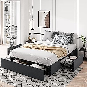 Allewie Full Size Platform Bed Frame with 3 Storage Drawers, Fabric Upholstered, Wooden Slats Support, No Box Spring Needed, Noise Free, Easy Assembly, Dark Grey