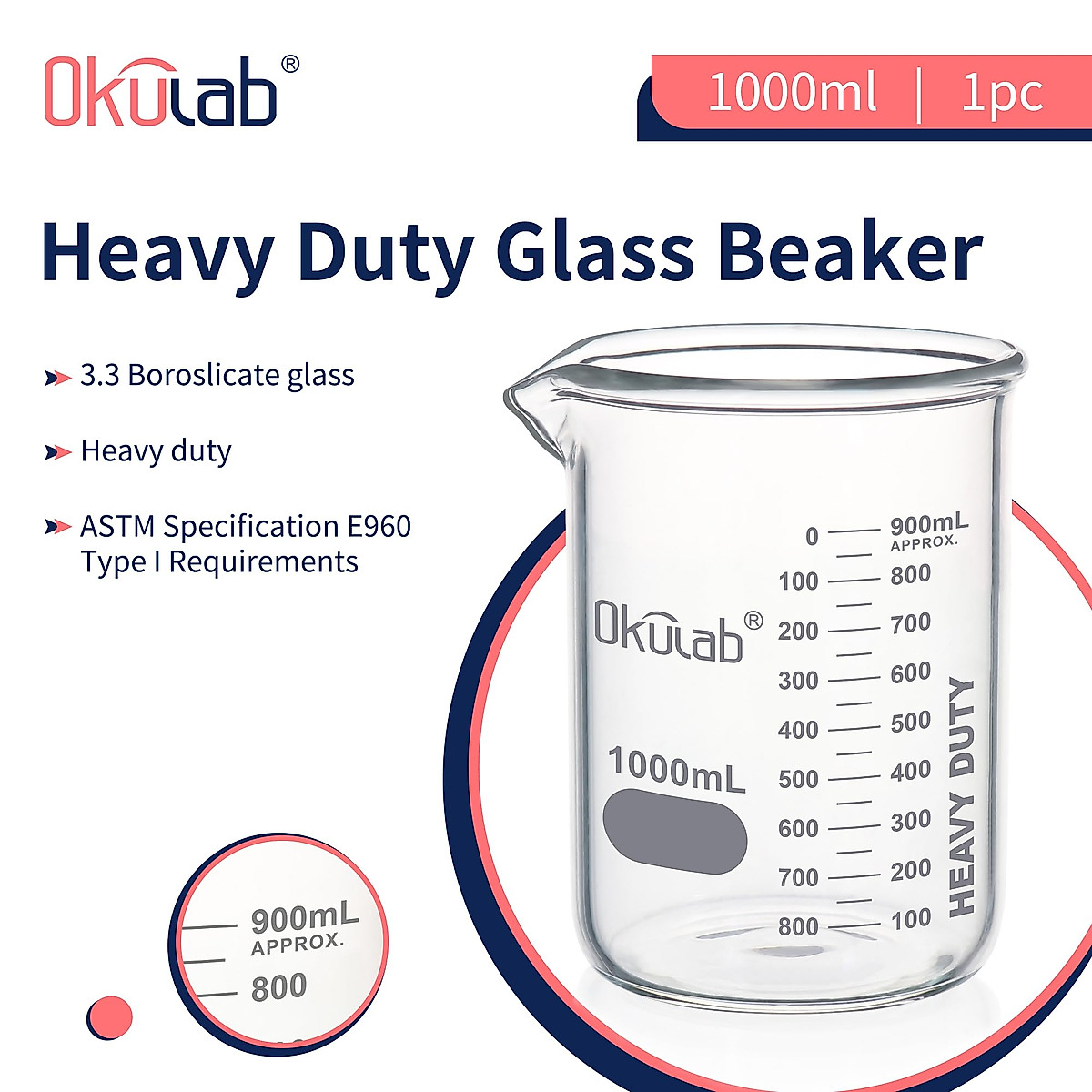 Okulab Heavy Duty Glass Beaker Set, Thick-Walled 3.3 Borosilicate Glass Beakers, with Double Scale Printed Graduation, Vol.1000ml, HBKG1000A1