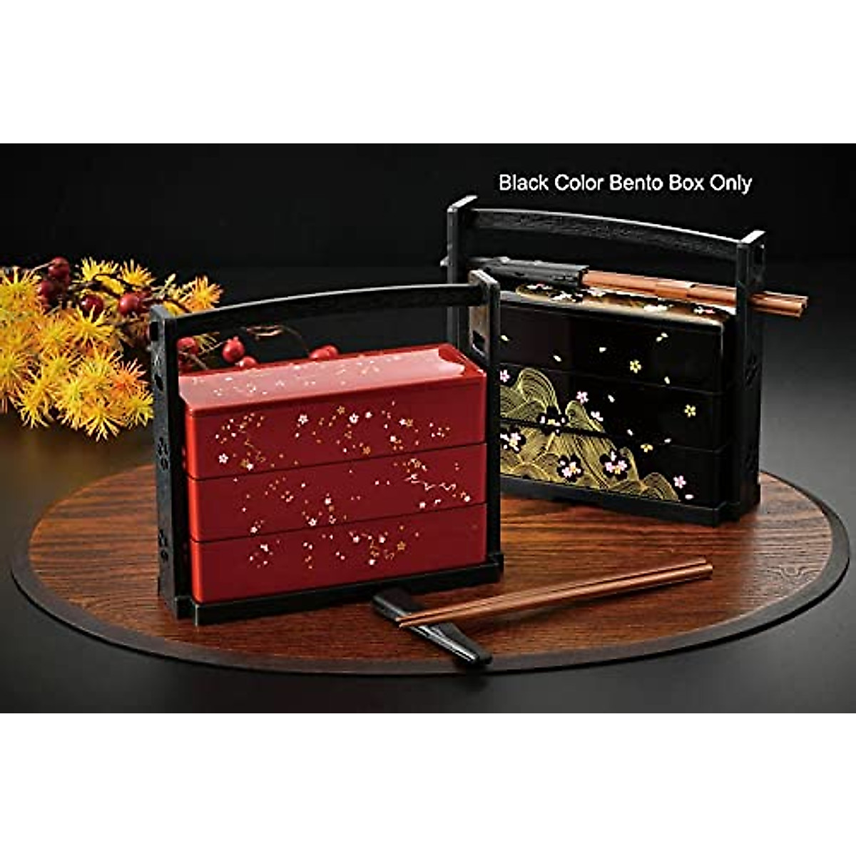 JapanBargain 1951, Japanese Lunch Bento Box Three Tiers with Chopsticks Traditional Plastic Lacquered Sushi Serving Container Sakura Cherry Blossom Pattern, Made in Japan