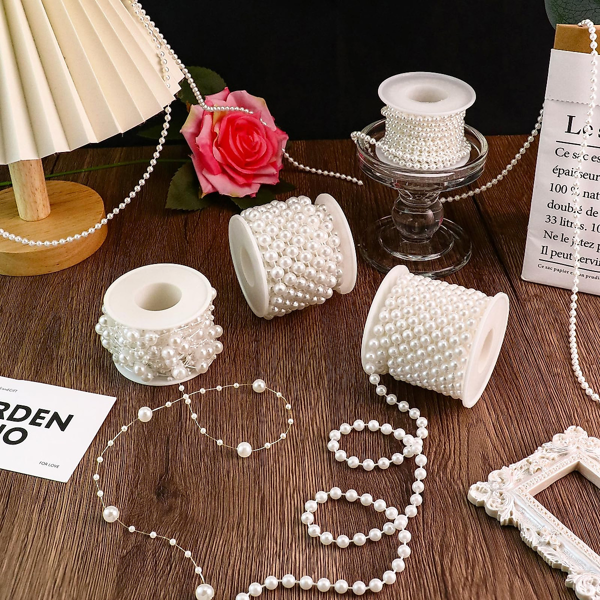 Towenm 4 Rolls 76 Feet Pearls String Garland, Faux Pearl Beads Roll Strand for Crafts, Artificial Pearls Chain Trim for Wedding Party Flower Valentine Christmas Decoration, 4mm 6mm 8mm 8+3mm, Ivory