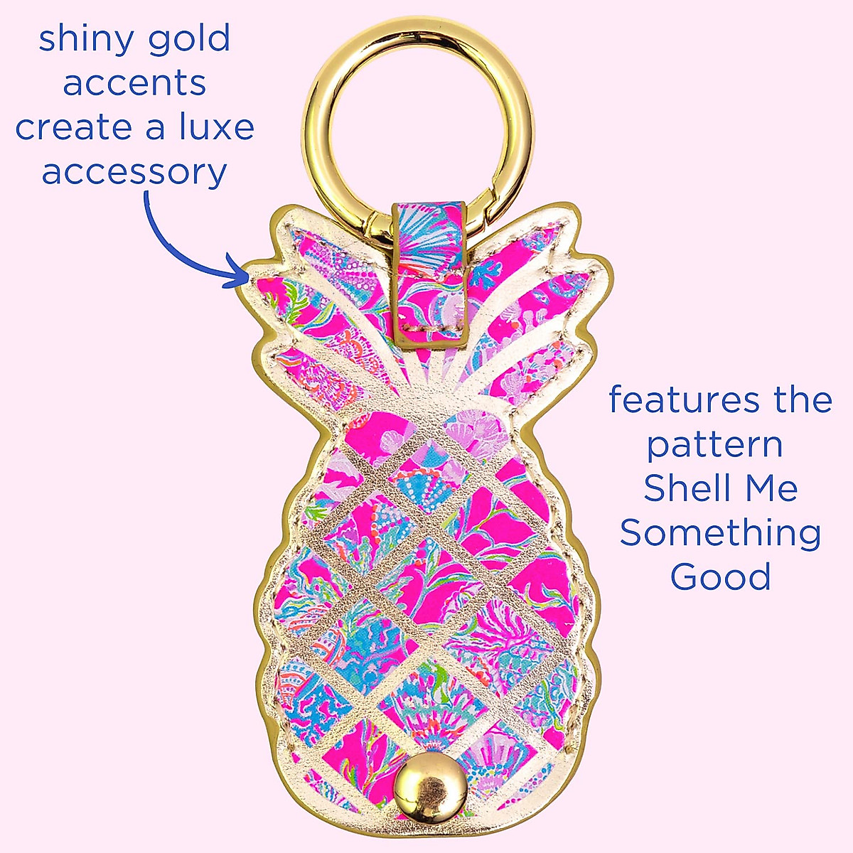 Lilly Pulitzer Leatherette AirTag Keychain, Cute Air Tag Holder, Novelty Pineapple Shaped AirTag Key Ring for Luggage, Car Keys, or Dog Collars, Shell Me Something Good