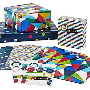 Hallmark Flat Wrapping Paper Sheets with Cutlines on Reverse (12 Folded Sheets with Sticker Seals) Red, Blue, Green, Yellow Geometric, Stripes, Dots for Birthdays, Father's Day, Graduation