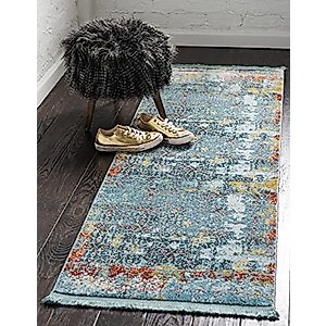 Unique Loom Baracoa Collection Bright Tones Vintage Traditional Runner Rug, 2' 7" x 10' 0", Teal/Ivory
