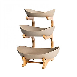 XUDREZ 3 Tier Fruit Basket for Kitchen Counter, 11"*8.6"*13" Ceramic Fruit Bowl for Kitchen Counter, Large Capacity Fruit Bowl Set with Holder, Bamboo Fruit Serving Tray (Porcelain)