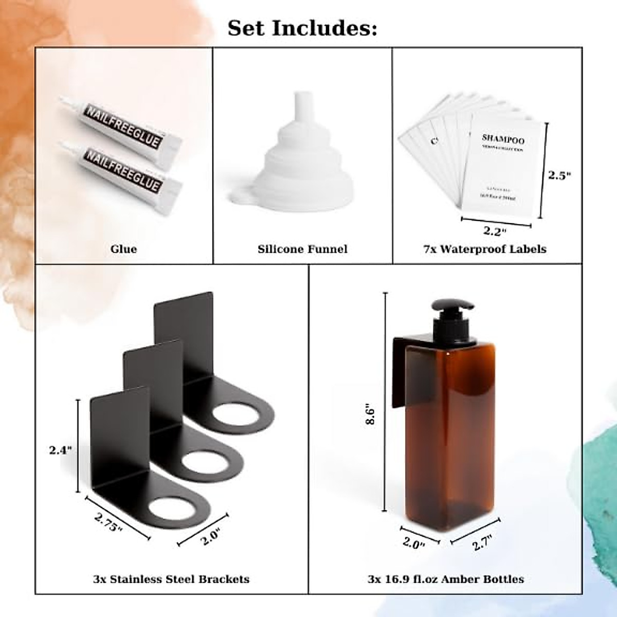 La Via Casa Shampoo and Conditioner Dispenser | 3 Plastic Amber 3 Wall Mount Black | Shampoo Dispenser with Waterproof Labels | No Drill | Shower Bottles Refillable with Pump