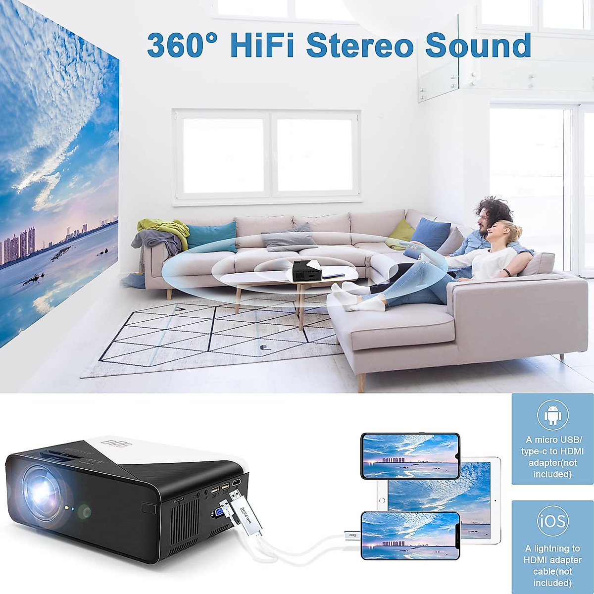 Mini Portable WiFi Projector 1080P-Supported for Outdoor - Native 720P Movie Projector Compatible w/ Smartphone, Laptop, DVD, with 100" Projector Screen for Home Entertainment, 60000 Hrs Lamp Lifetime