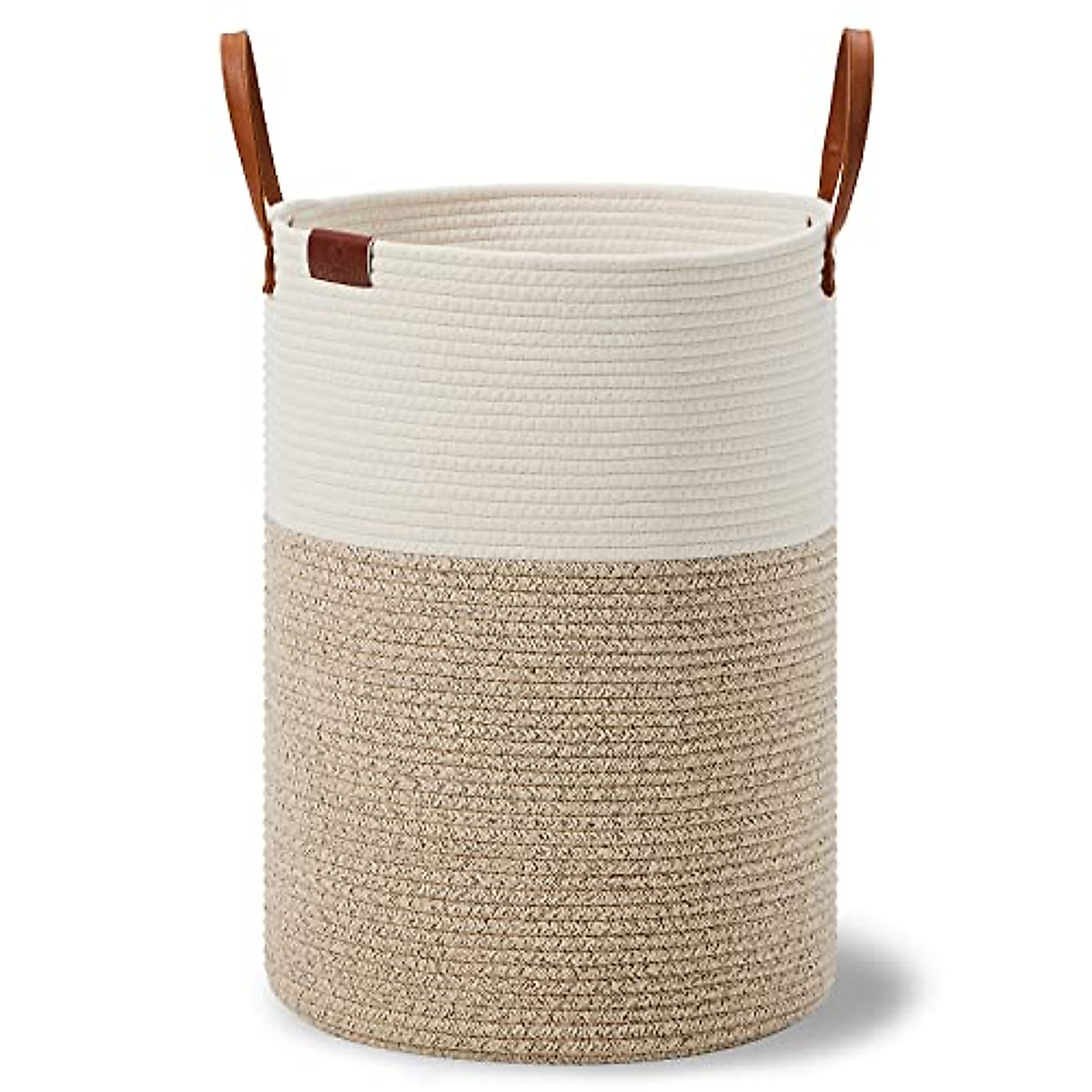 VIPOSCO Small Laundry Basket, Slim Baby Hamper with Leather Handle, Cute Woven Rope Storage Basket for Blanket, Kids Toy, Clothes In Living Room, Bathroom, Bedroom, Nursery Room - 30L White & Brown