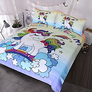 BlessLiving Unicorn Kids Bedding Duvet Cover Set Cute Magical Unicorn with Rainbow 3 Piece Super Soft Teen Girl Purple Yellow Bedspreads (Twin)
