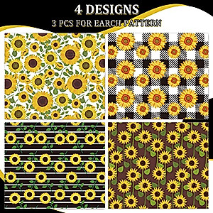 Whaline 12 Sheet Sunflower Wrapping Paper 4 Designs Summer Floral Wrapping Paper Plaids Stripe Sunflower Art Paper for Spring Summer Holiday Birthday Gift Wrap DIY Craft Decoration, 19.7 x 27.6 Inch