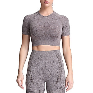 Aoxjox Women's Workout Vital Short Sleeve Seamless Crop Top Yoga Gym Sport Shirts T Shirt (Vital Coffee Marl, Small)