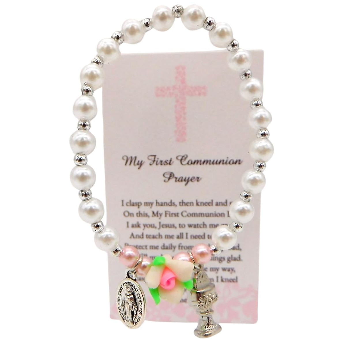 First Communion Rosary Bracelet Rose Stretch Wrist Fashion for Girls with Holy Prayer Card and Bag Gift Set