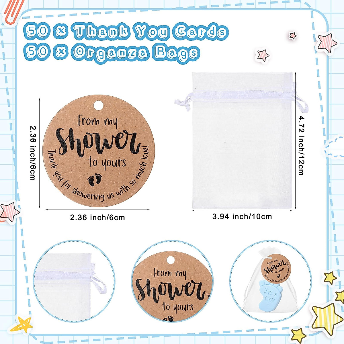 Swiffen 50 Sets Baby Shower Soap Favors for Guests Baby Boy Girl Mini Footprint Soap Handmade Scented Soap with Thank You Tags and Organza Bags Gender Reveal Party Favors (Blue,It's A Boy)