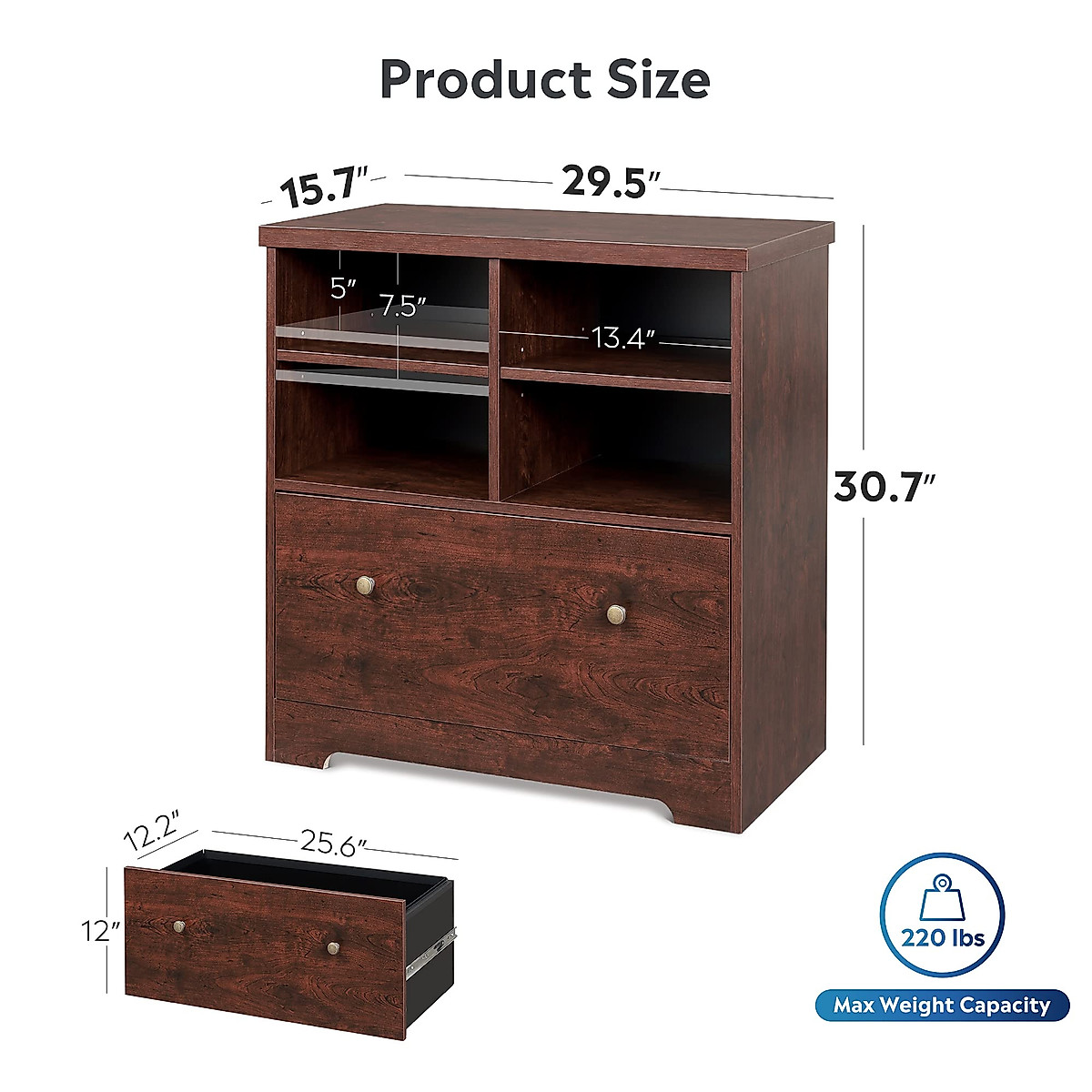 DEVAISE Lateral File Cabinet, 1 Large Drawer Wood Filing Cabinet with 2 Open Adjustable Storage Shelves for Office Home, Cherry