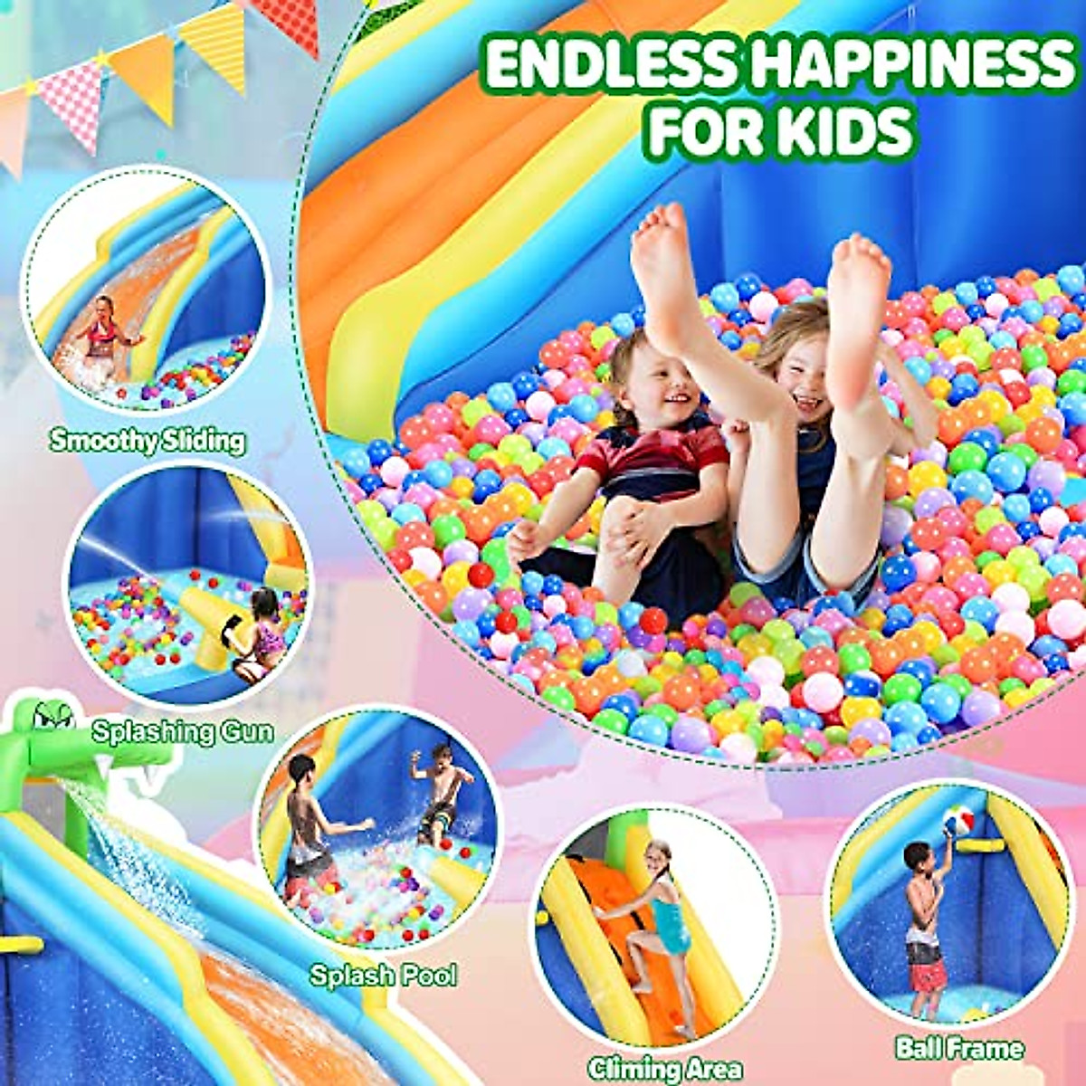 WONFUY Inflatable Water Slide, Kids Pool Slide Bounce House with Blower for Wet and Dry, Climbing, Splash Pool, Water Gun, Basketball Rim, Inflatable Water Park Backyard Waterslide Bouncy Castle