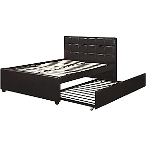 GOWE Full Size Bed w/Trundle Slats Espresso Faux Leather Plywood Kids Youth Bedroom Furniture Wooden Slats Square Box Upholstered Headboard 1pc Bed