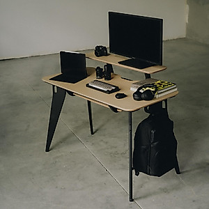 HOEK, Desk, No-Tools, Easy Assembly, Space-Saving, Modular, Mid-Century Modern, Sustainable, Headphone Hook, Monitor Shelf, Home Office, Study, Writing,Working, 23Dx30Hx47.5W (Walnut Top/Black Legs)