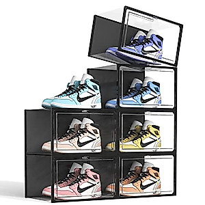 SEE SPRING 6 Pack Shoe Storage Box, Clear Plastic Stackable Shoe Organizer for Closet, X-Large Shoe Containers Bins Holders for Display Sneaker Fit up to Size 14 (Black)