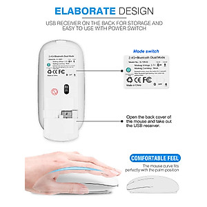 Bluetooth Wireless Mouse, Dual Mode Slim Rechargeable Wireless Mouse Silent Cordless Mouse with Bluetooth 4.0 and 2.4G Wireless, Compatible with Laptop, PC, Windows Mac Android OS Tablet (White)