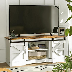 oneinmil 58 Inch Farmhouse TV Stand, Modern Rustic Entertainment Center with Sliding Barn Door and Storage Cabinets, Metal Media TV Console with Shelf for TVs up to 65 Inch in Living Room, White