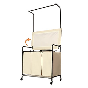 tonchean Laundry Hamper, 3 Section with Ironing Board, Removable Hanging Bar & Bags, Rolling Laundry Cart, 59"H x 29"L x 17"W, Yellow