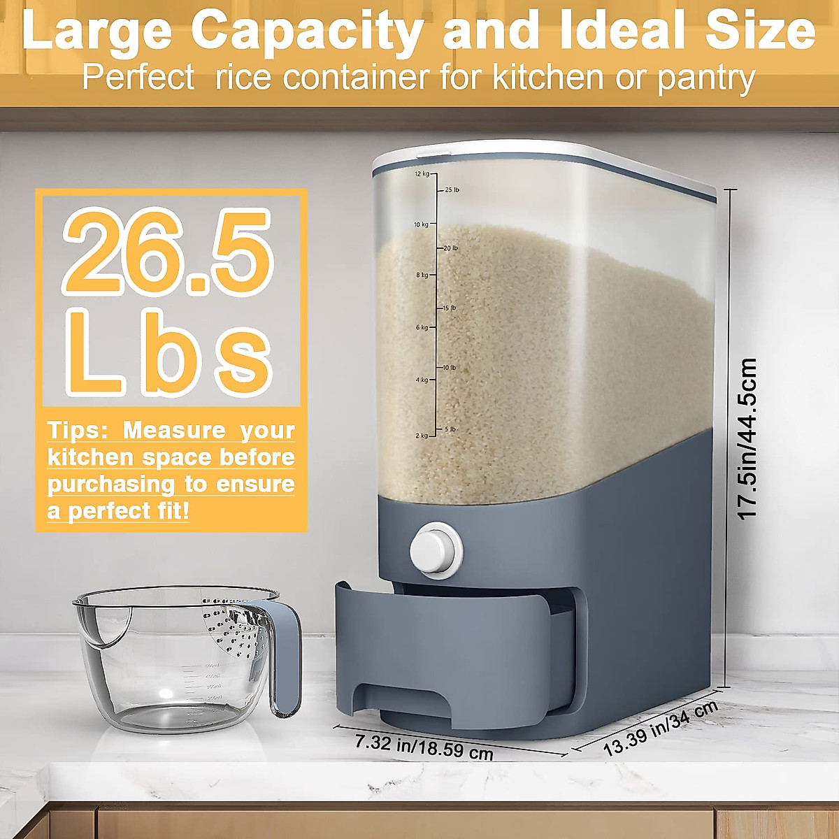 Tomus-UNI 26.5 Lbs Rice Dispenser, Large Sealed Integrated Grain Container Storage, Rice Container with Measuring Cup, Food Dispenser Kitchen Organization for Rice, Beans, Grains, Small Dry Food