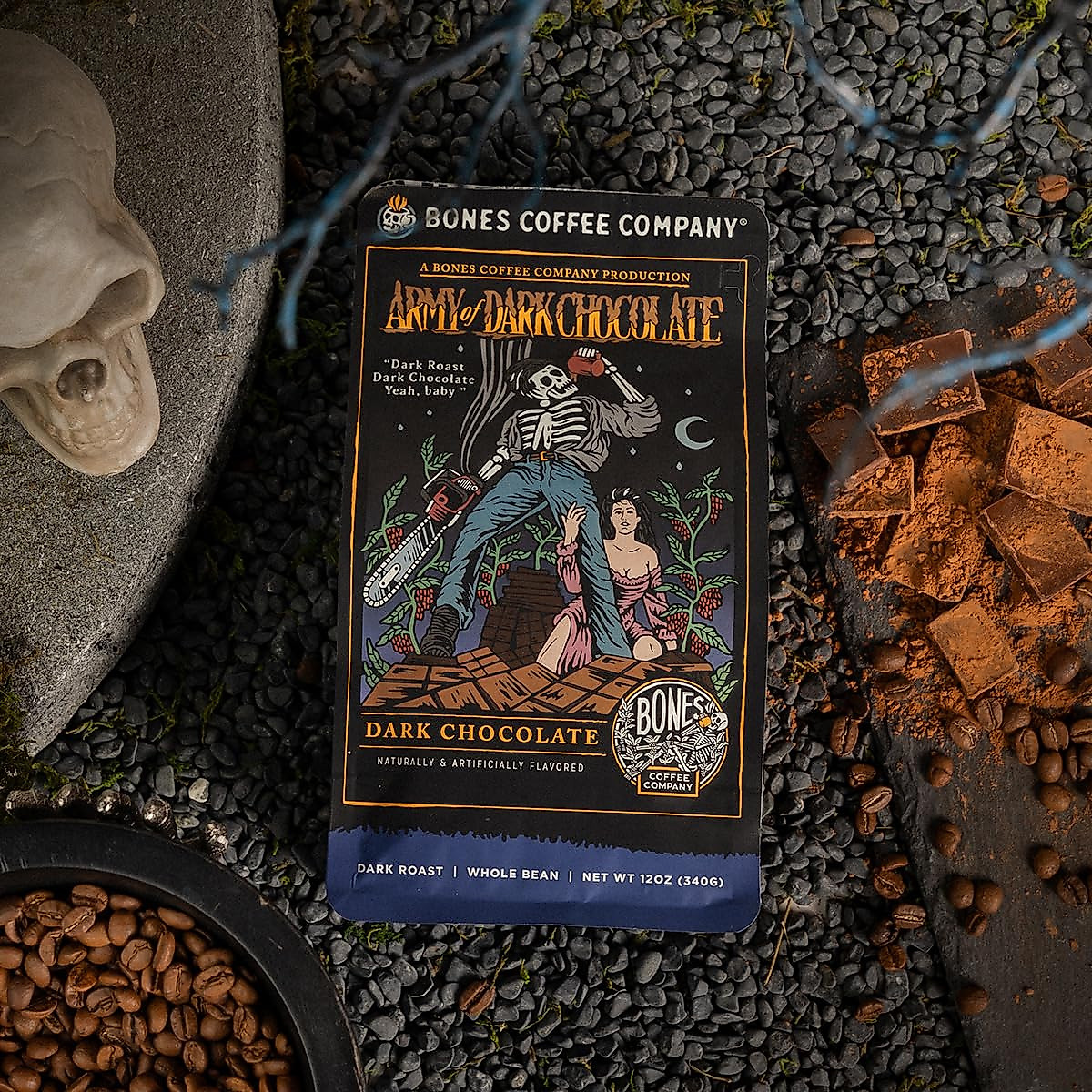 Bones Coffee Company Army Of Dark Chocolate Ground Coffee Beans, Low Acid Flavored Coffee, Made with Arabica Coffee Beans, Dark Roast Gourmet Coffee (12 oz)