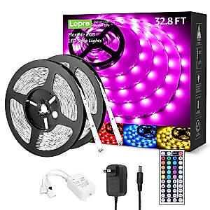 Lepro RGB LED Light Strips 32.8ft, Christmas Decorations, 5050 LED Color Changing Tape Light with 44 Key Remote and 12V Power Supply for Bedroom, TV Backlight, Kitchen, Bar