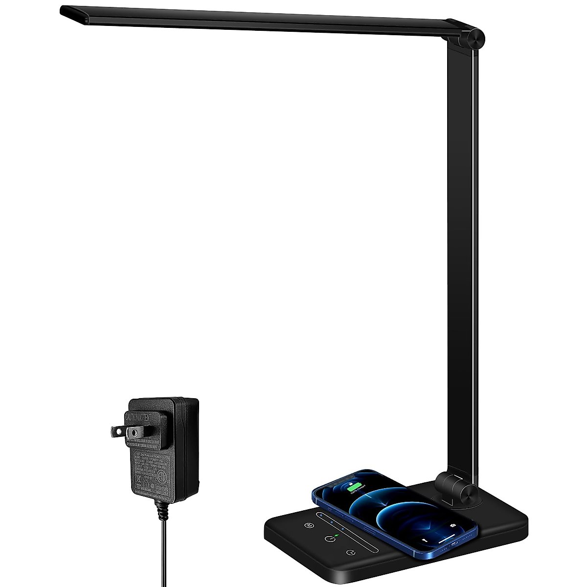 GLITI LED Desk Lamp with Wireless Charging，Dimmable Desk Light, 5 Light Colors, 6 Brightness Levels, Touch Control Table Lamp with USB Rechargeable, Auto Timer, for College Dorm, Home, Office
