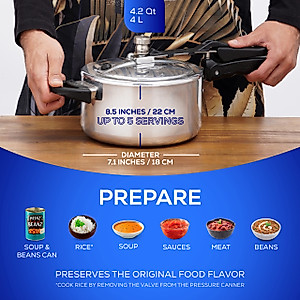 Universal 4.2 Quart / 4 Liter Pressure Cooker, 5 Servings, Pressure Canner With Multiple Safety Systems and Heat Resistant Handles For Can, Soup, Meat, Beans