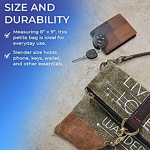 SAGEFINDS Live Love Wander Upcycled Canvas Crossbody Bag | Earth Friendly Materials | Shoulder Purse | Small Clutch | Fold-Over Zip Top | 22” Detachable Strap