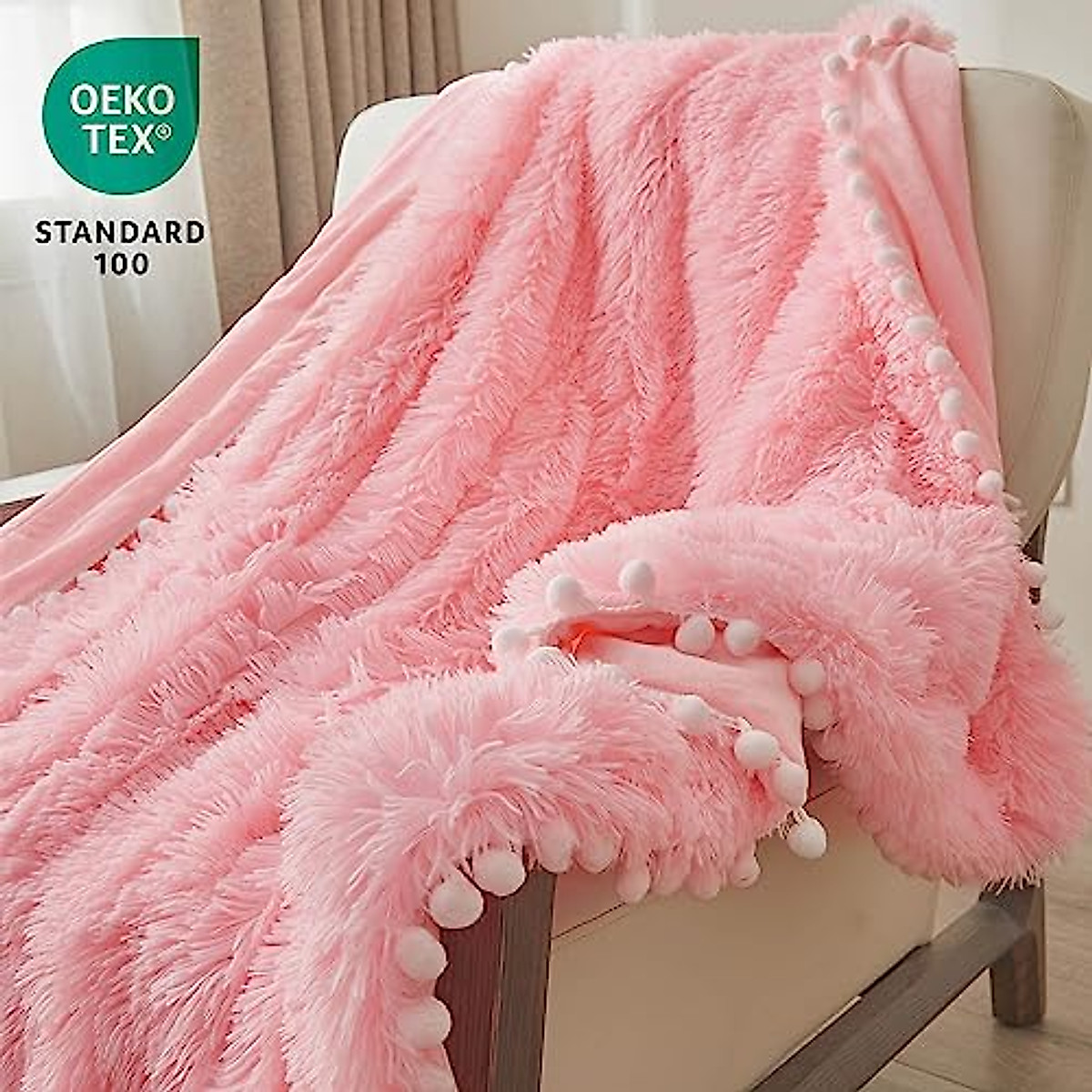 XeGe Pom-pom Fluffy Faux Fur Throw, Luxury Soft Pink Fuzzy Blanket 50x60, Cute Furry Decorative Couch Blanket for Kids to Adults